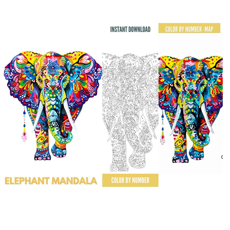 Color by Number for Adult, Paint by Number Printable,5 Mandala Elephant ...
