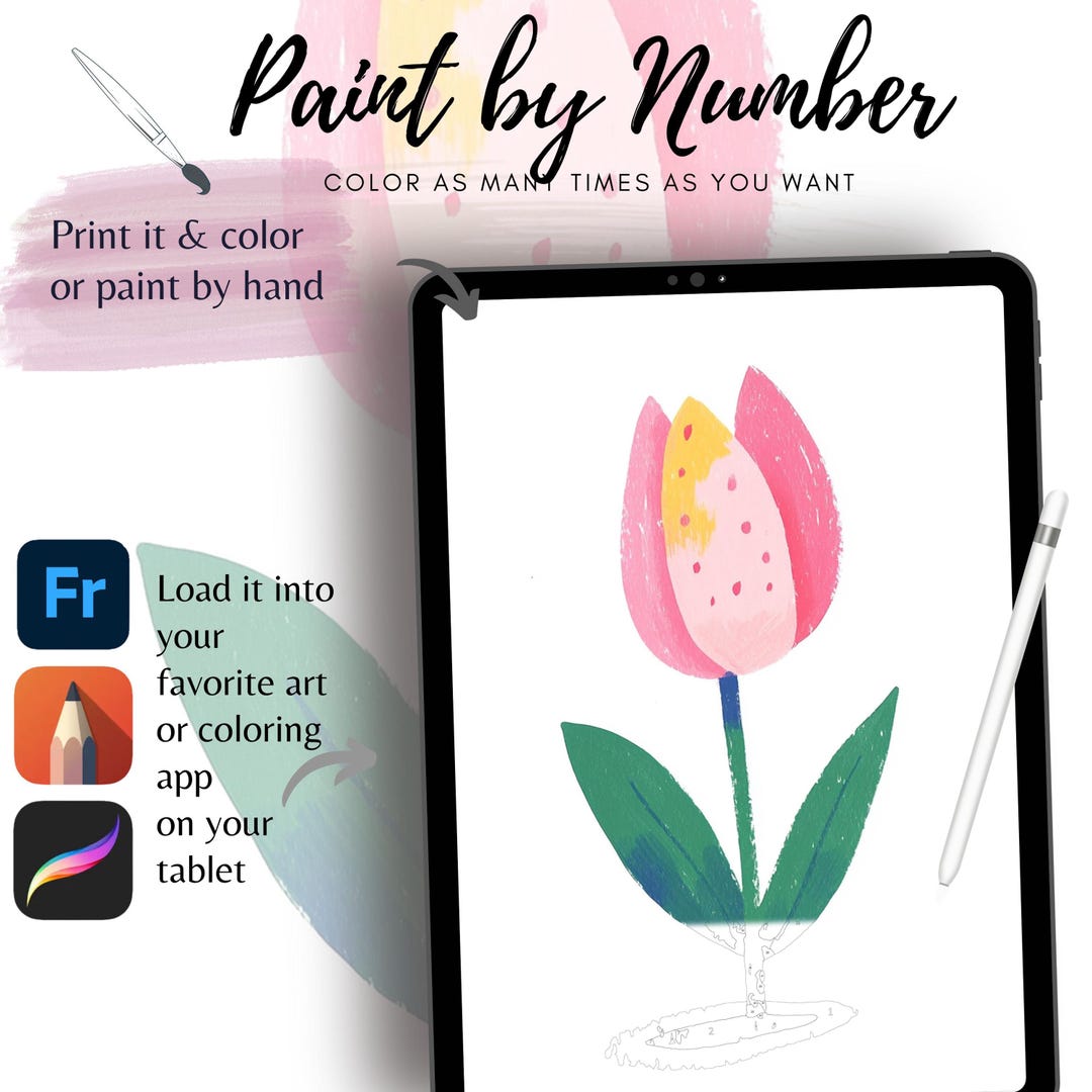 Pink Tulips Flower, Color by Number Printable,paint by Number for Adult ...