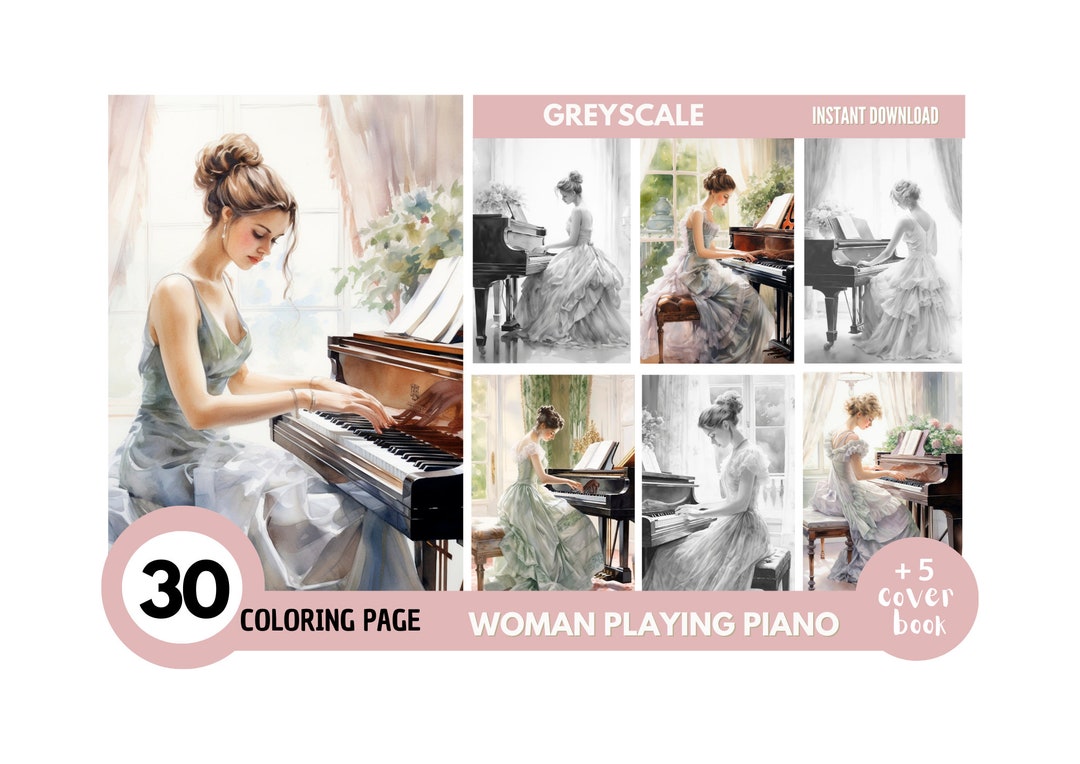 30 Woman Playing Piano Coloring Book - Adults Coloring Pages, Instant ...