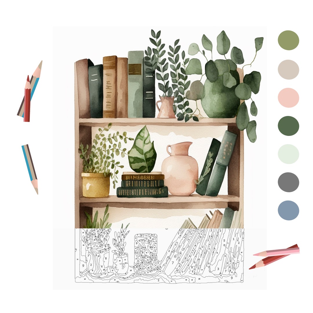 Color by Number Adult,paint by Number Printable, Bookshelf, by Jo ...