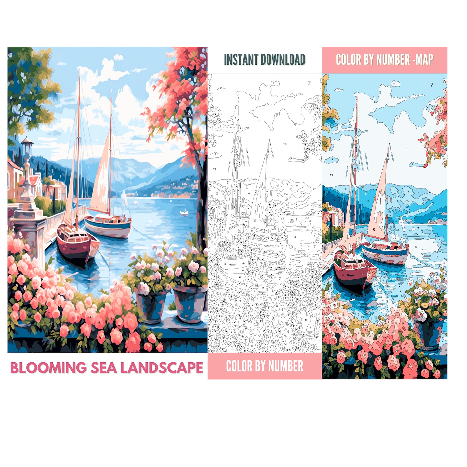 Color by Number for Adult, Paint by Number Printable,5 Sea Sail Boats ...