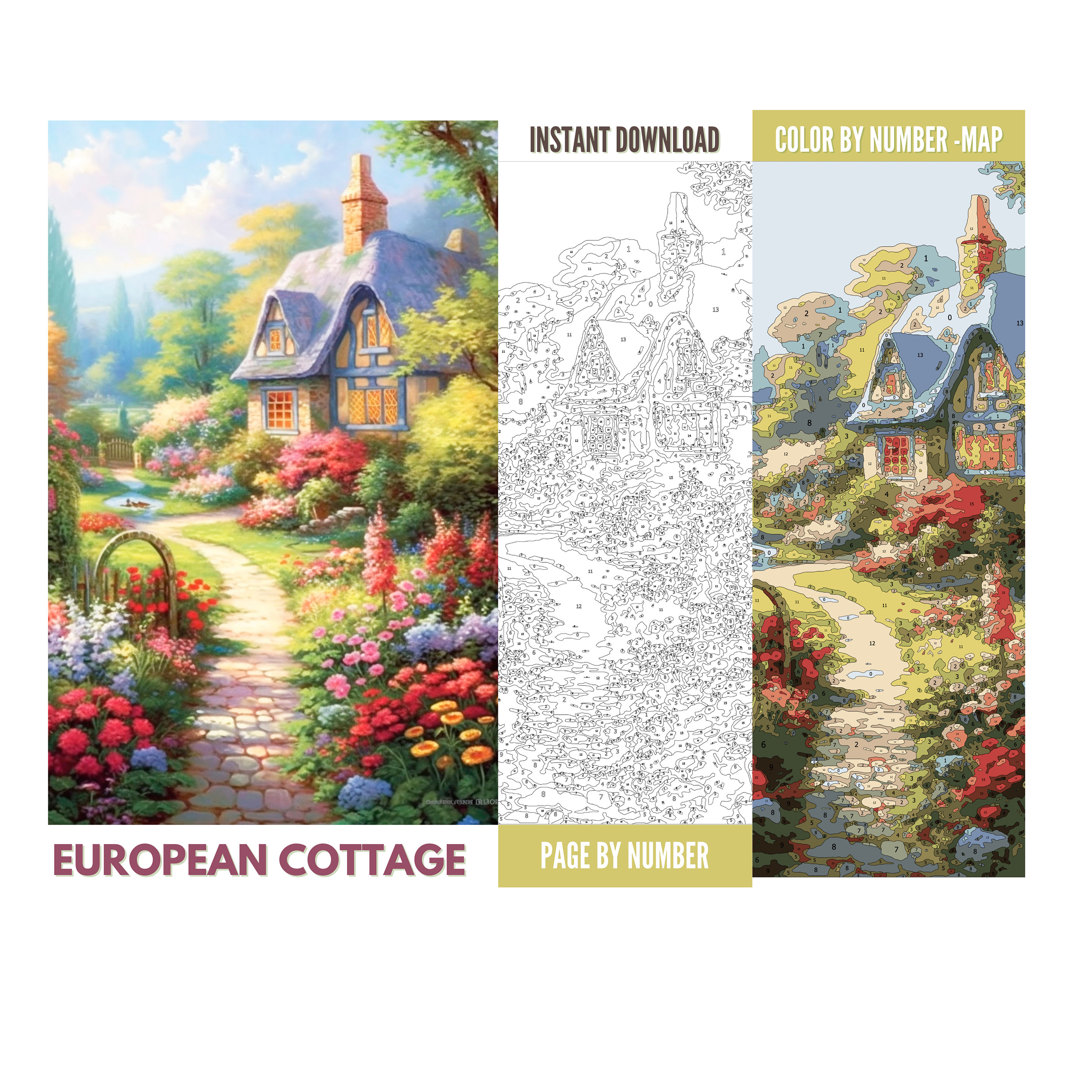 5 European Cottage Color by Number for Adult, Paint by Number Printable ...