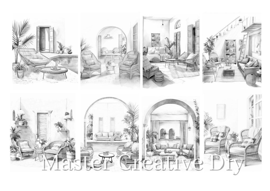 35 Boho Interior Design Coloring Pages for Adultsgrayscale - Etsy