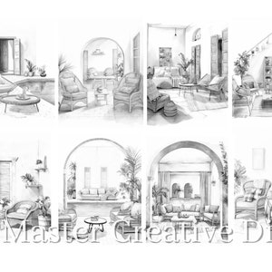 35 Boho Interior Design Coloring Pages for Adults, Grayscale Coloring ...