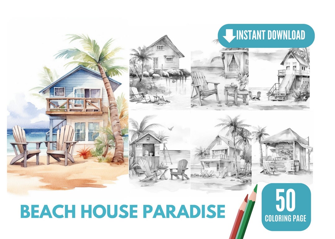 50 Beach House Coloring Book - Adults Coloring Pages, Instant Download ...