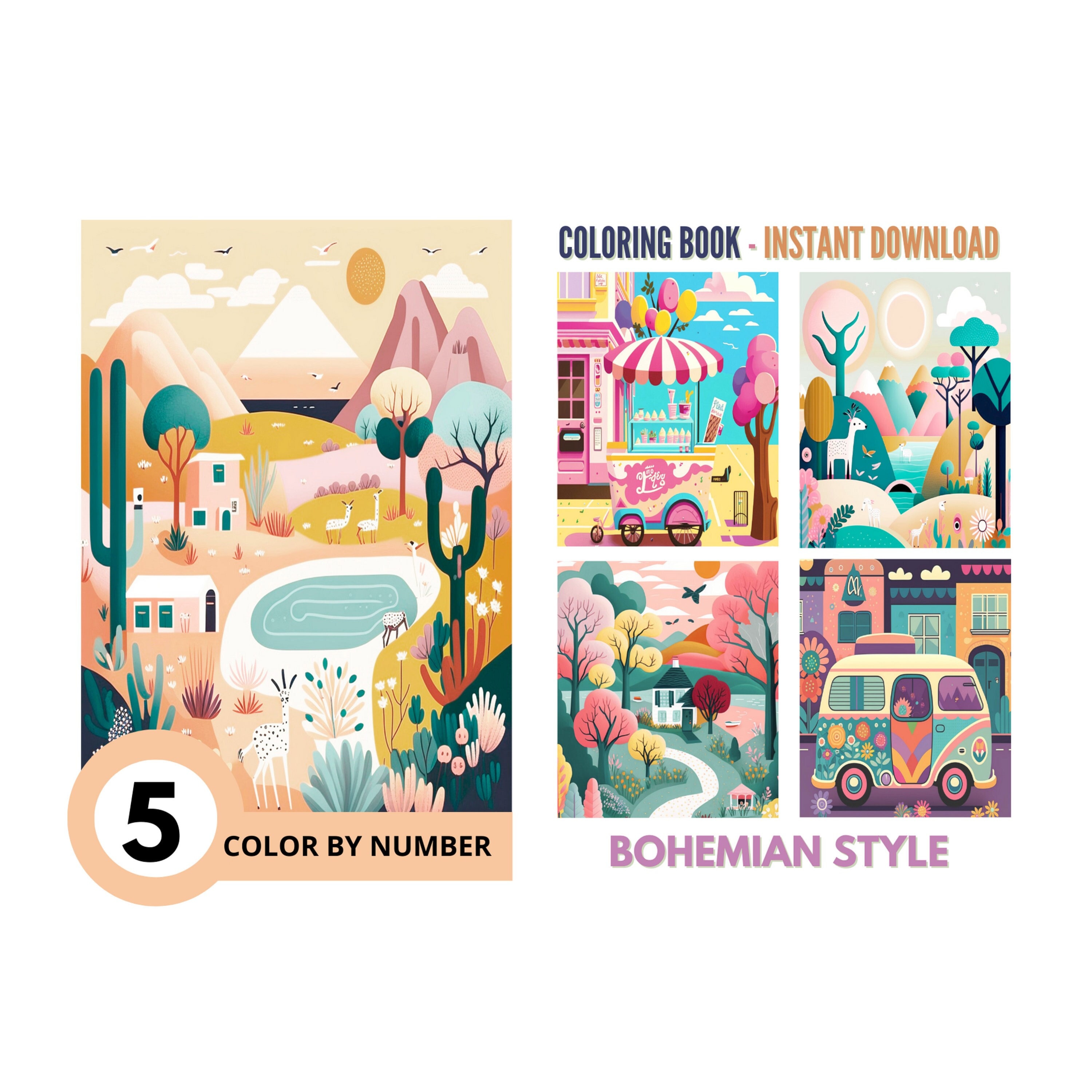 Color by Number for Adult,paint by Number Printable,5 Bohemian Style ...