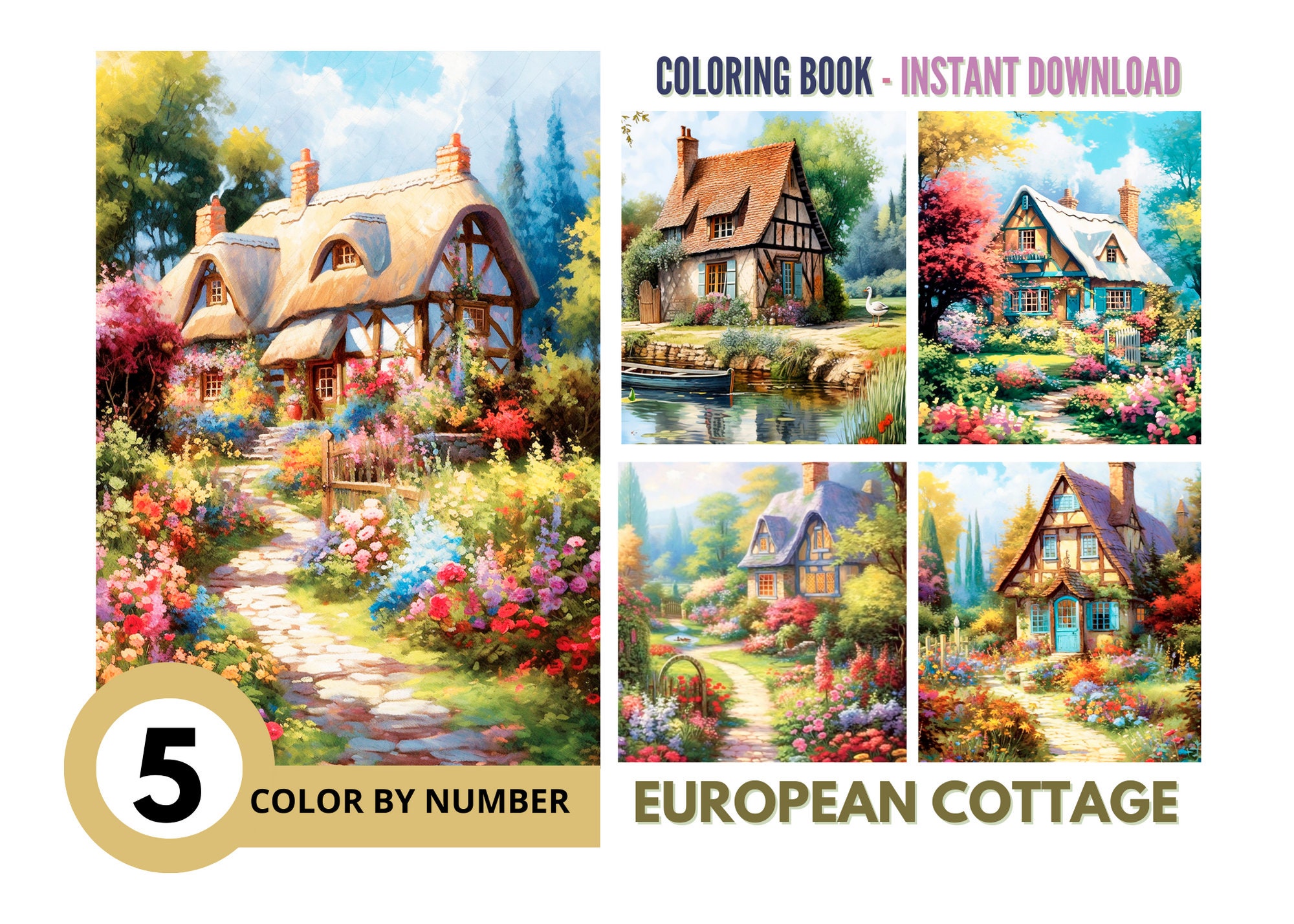 5 European Cottage Color by Number for Adult, Paint by Number Printable ...