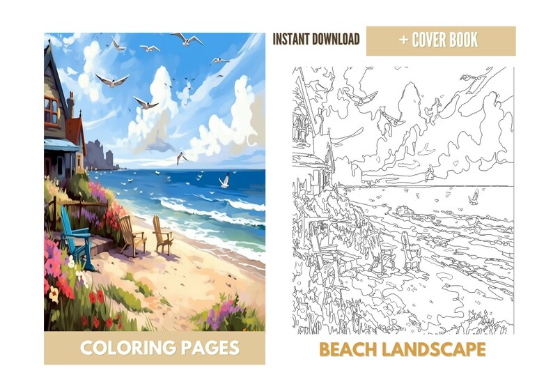 Beach Landscape Coloring Pages for Adults, Grayscale Coloring Book ...
