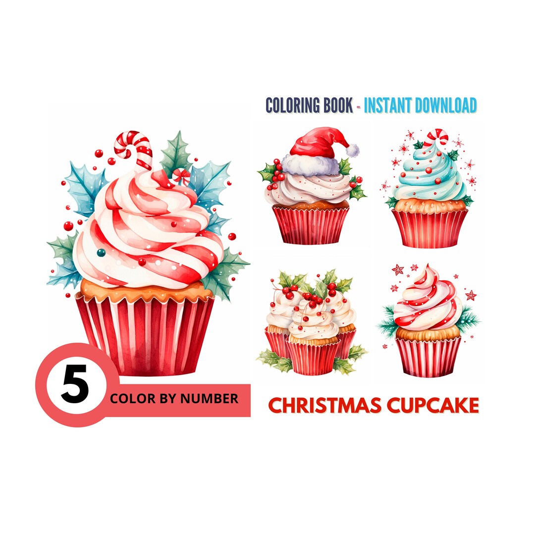 Color by Number for Adult,paint by Number Printable,5 Christmas Cupcake ...