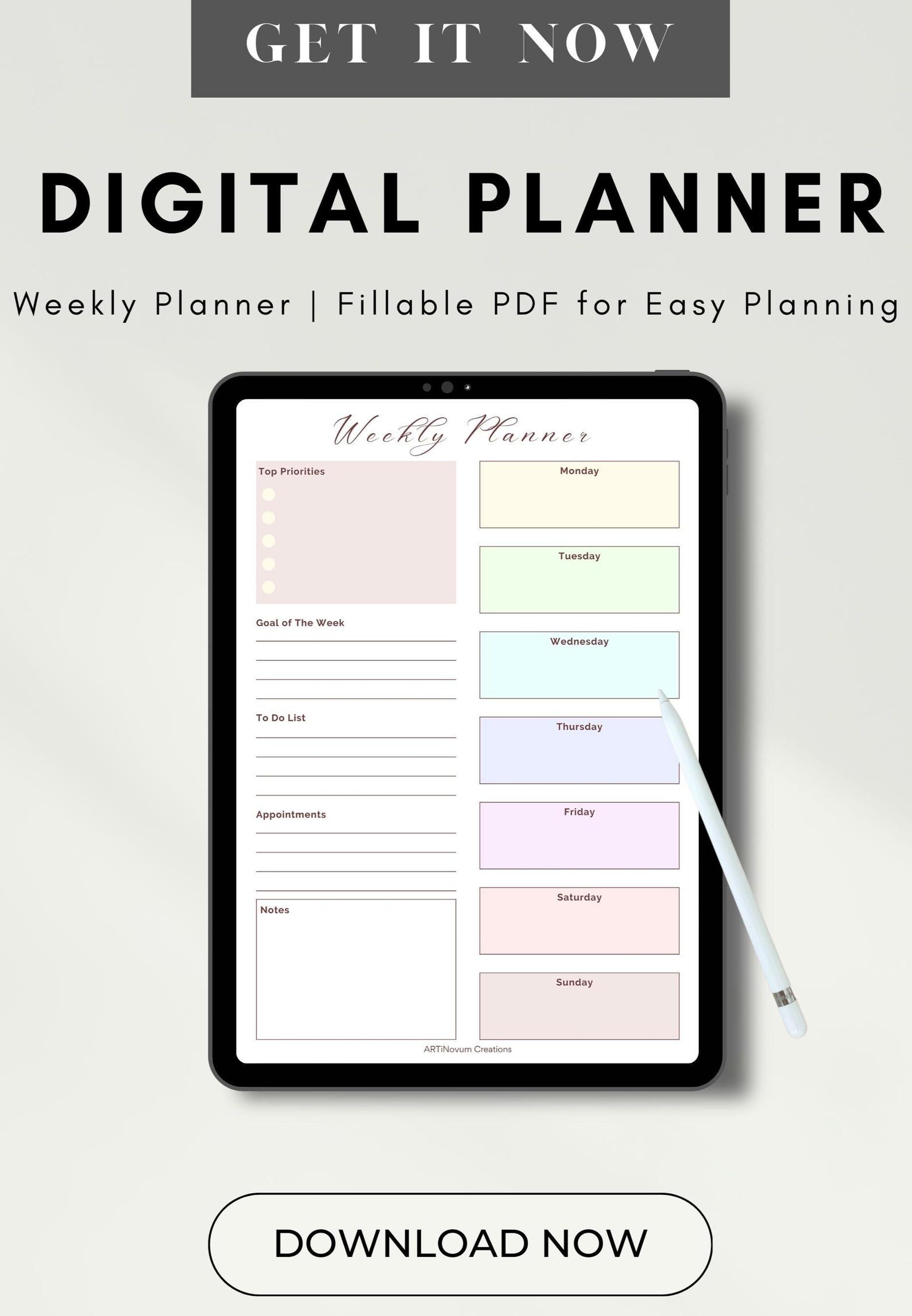 Digital Planner | Weekly Agenda | Printable & Fillable PDF | Undated ...