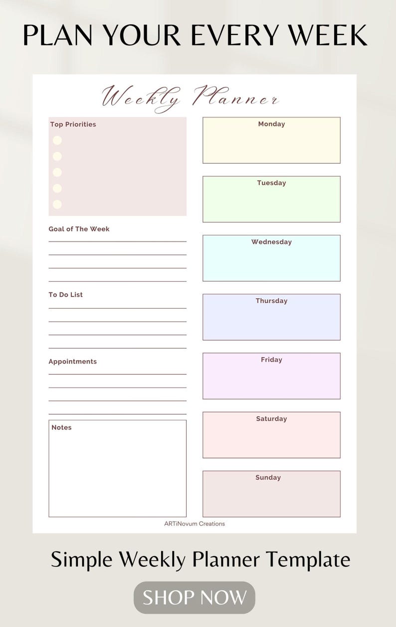 Digital Planner | Weekly Agenda | Printable & Fillable PDF | Undated ...