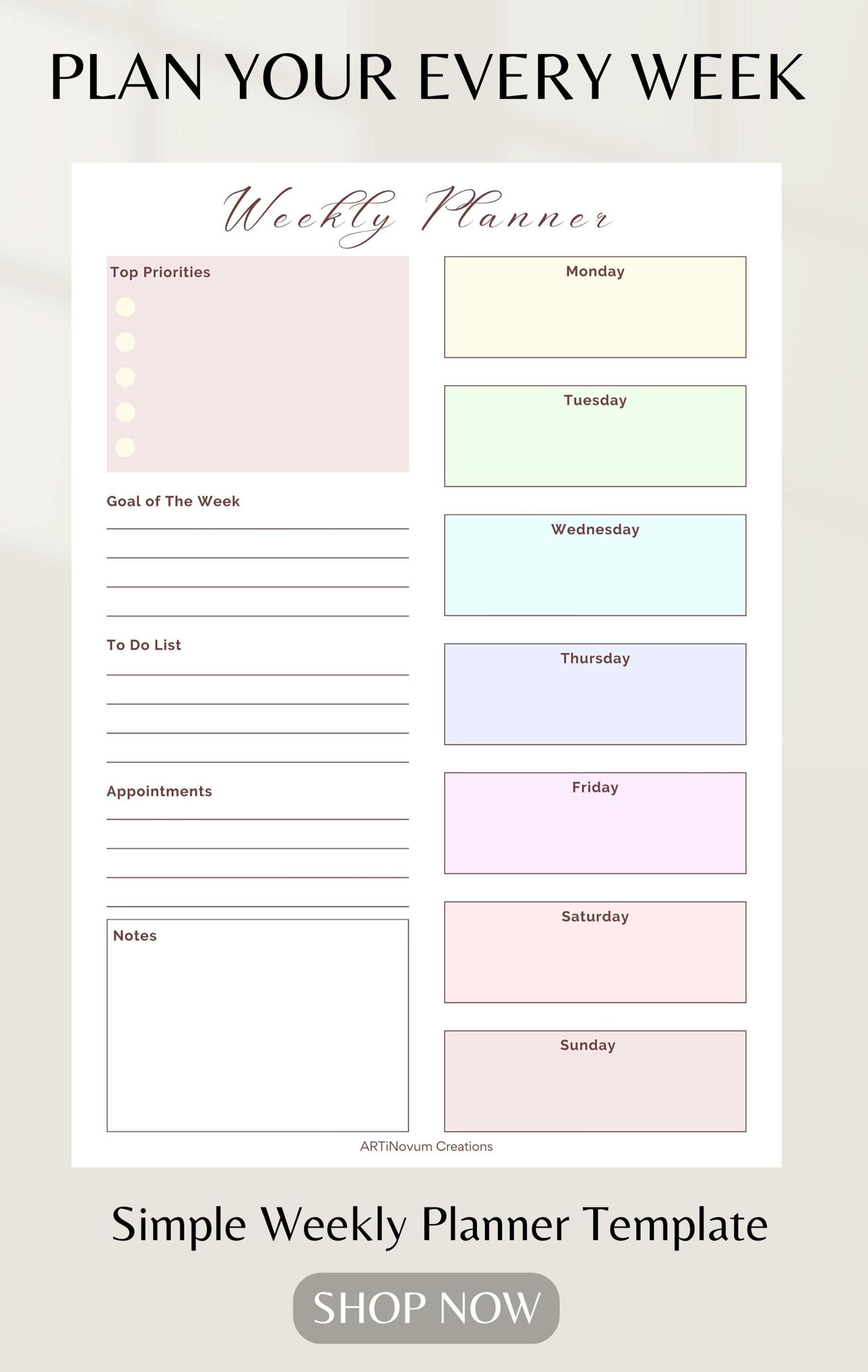 Digital Planner | Weekly Agenda | Printable & Fillable PDF | Undated ...