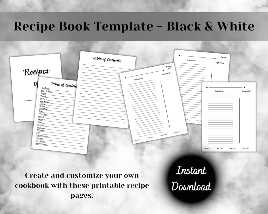 Black & White Recipe Book Template INSTANT DOWNLOAD - Etsy