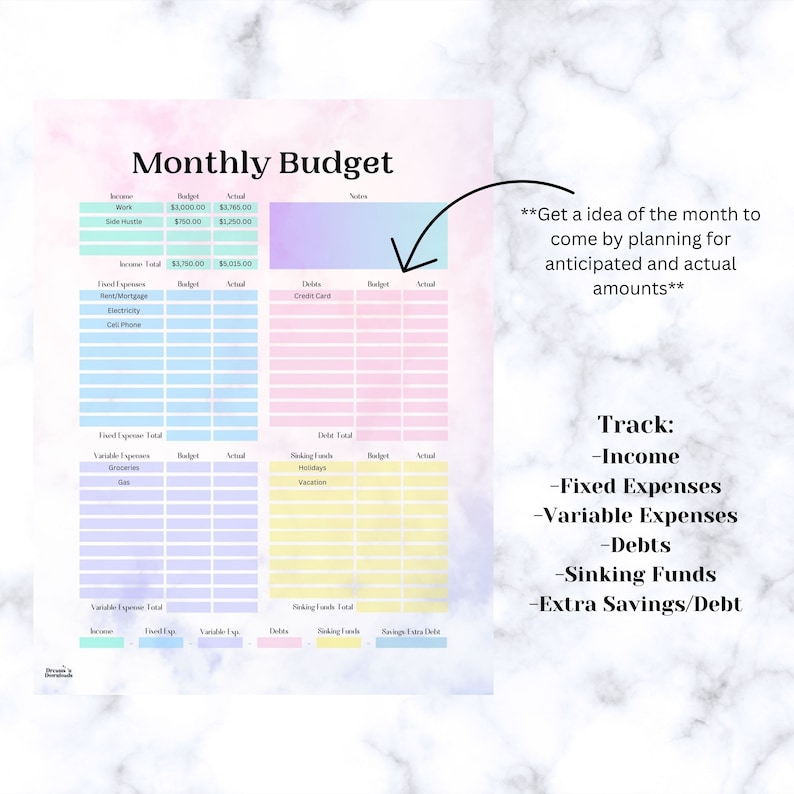 Colorful Monthly Budget Worksheet: INSTANT DOWNLOAD Track Income ...