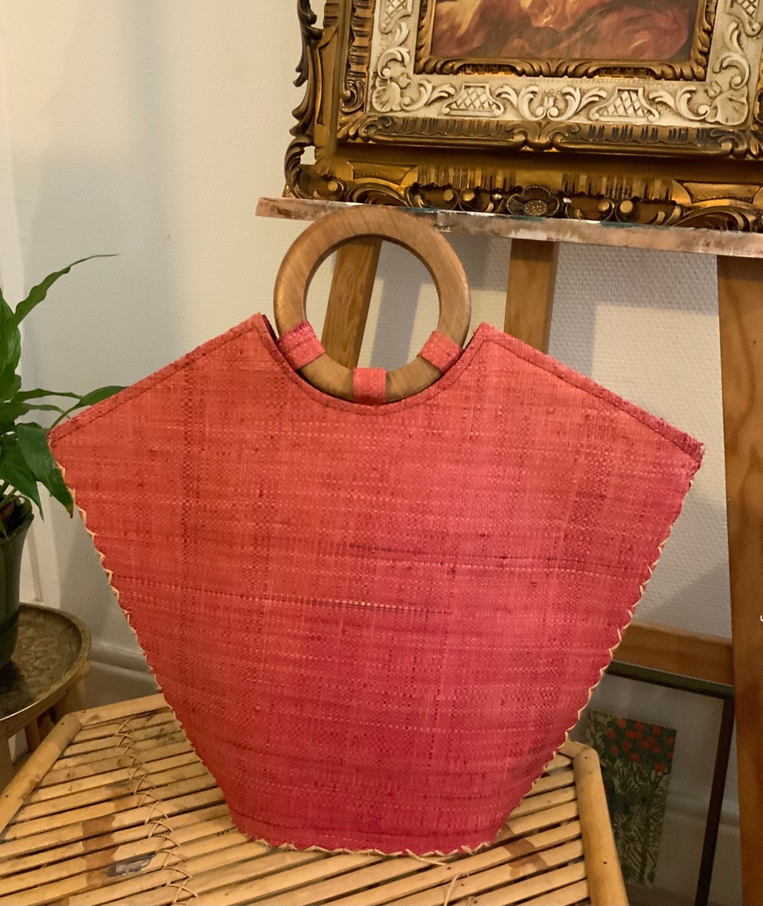 Vintage Colored Wicker and Straw Bag Original Shapes Real Wood Handles ...