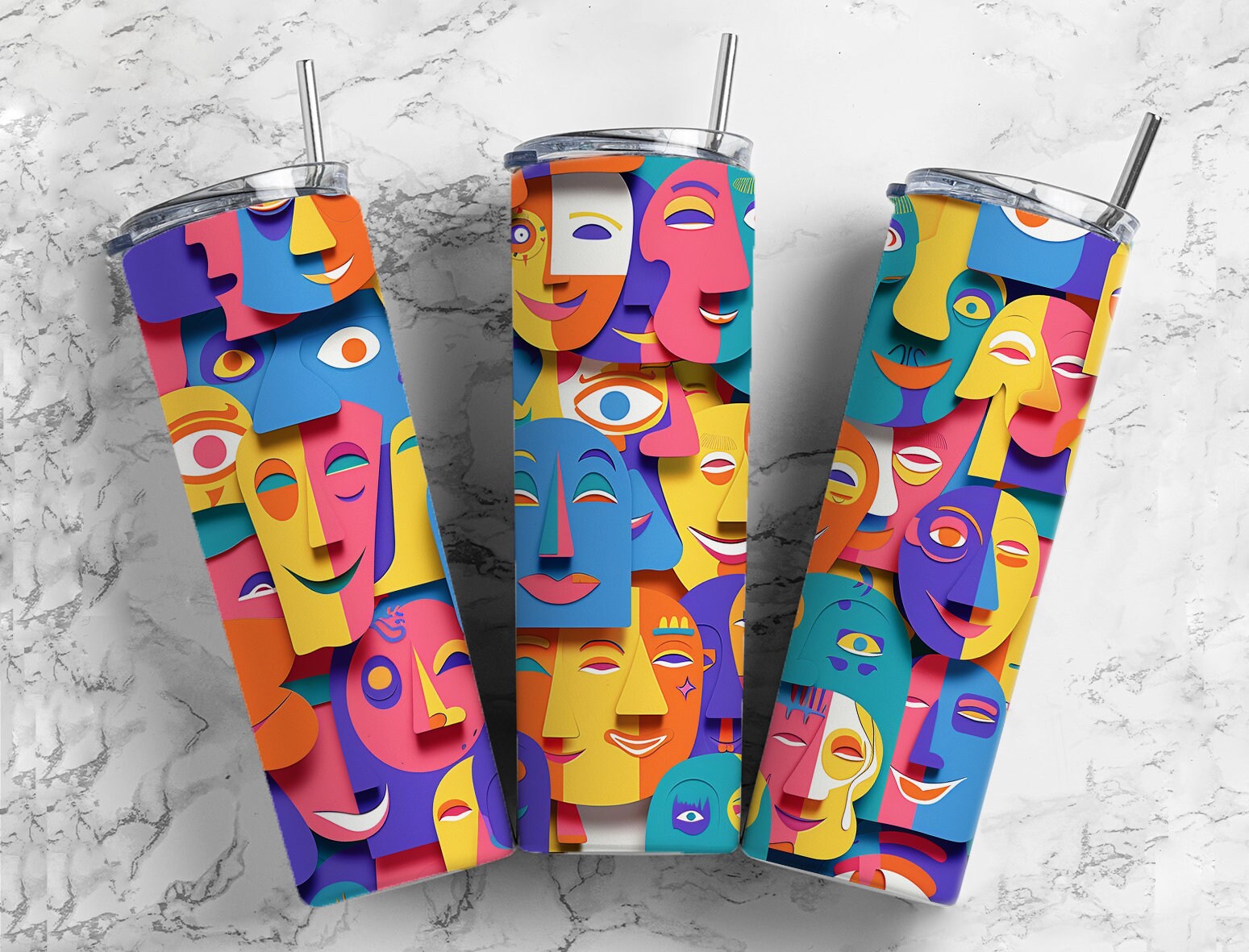 Faces Abstract Cut Outs 20oz Sublimation Tumbler Design, Blue Pink ...