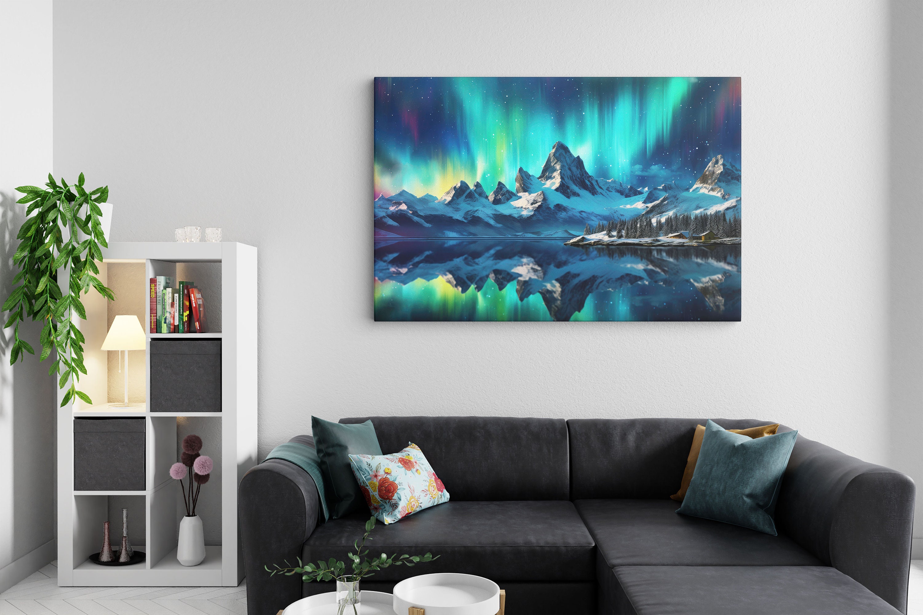 Aurora Borealis Northern Lights Over Mountains Canvas Northern Lights ...