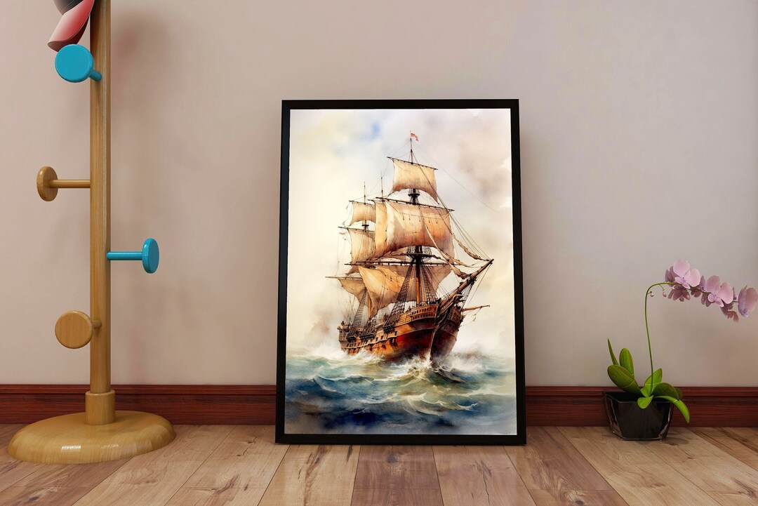 Pirate Ship Wall Art - Watercolor Nautical Poster - Ocean Adventure ...
