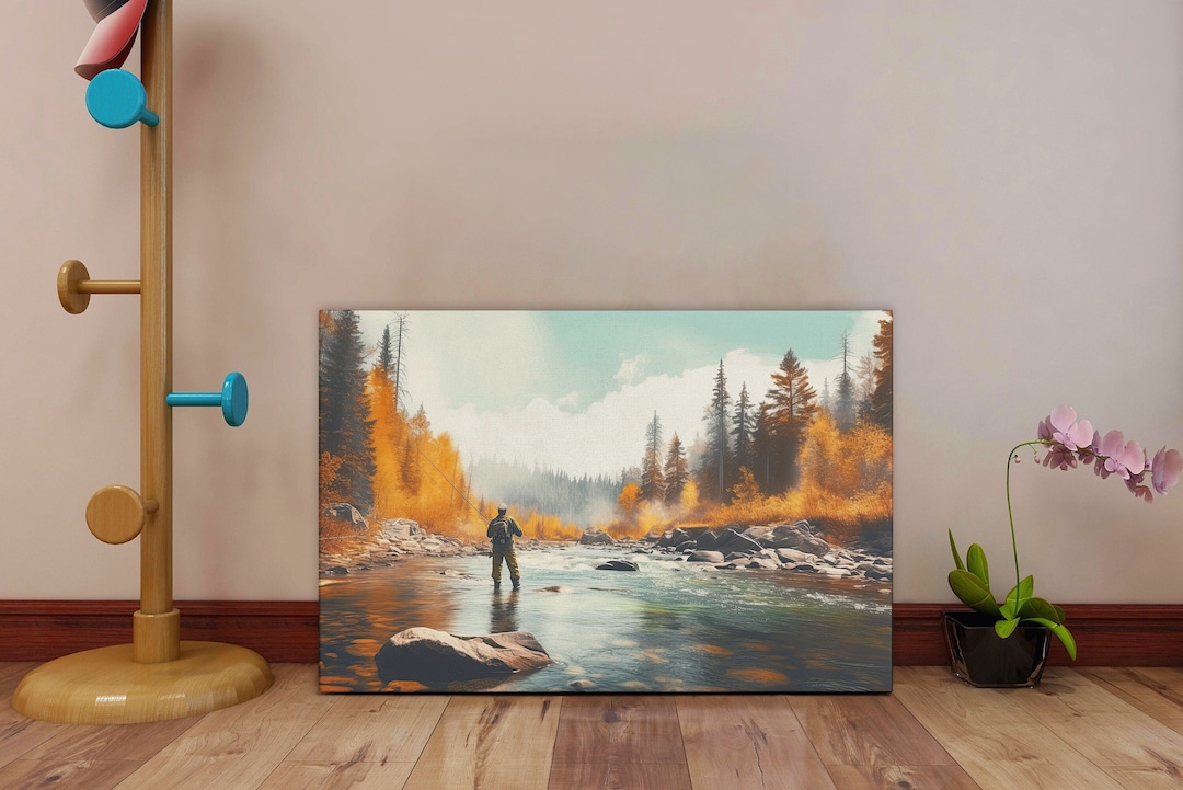 Autumn Fly Fishing Canvas - Rustic Fishing Wall Art - Fall River Landscape - Trout Fishing Decor ...