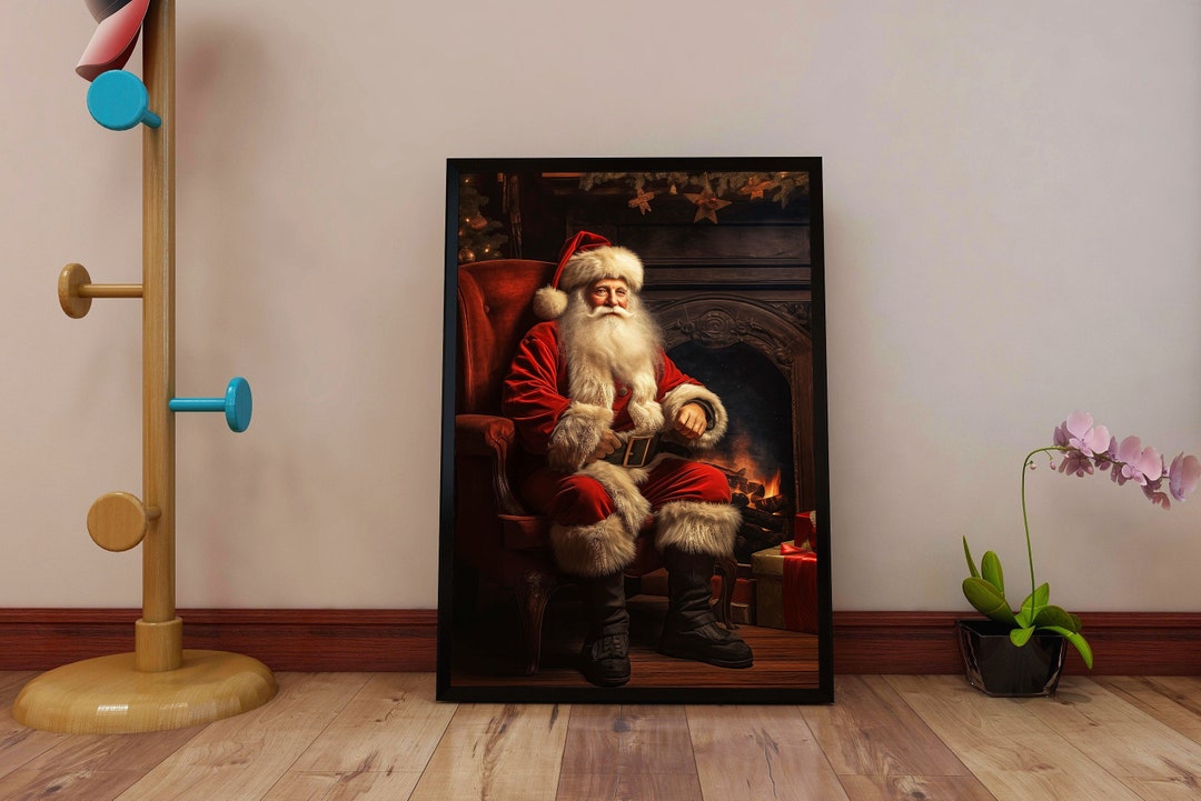 Santa Claus Next to Fireplace - Vintage Christmas Art, Vintage ...