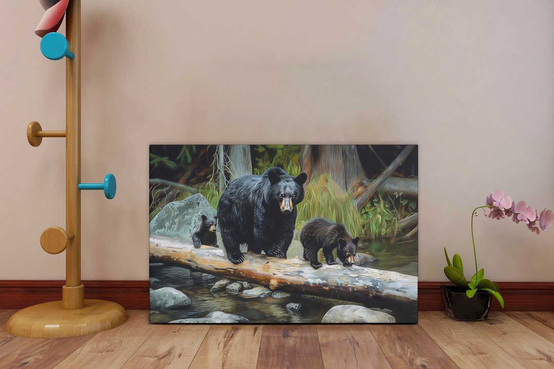 Black Bear With Cubs Canvas - Wildlife Wall Art - Rustic Cabin Decor ...