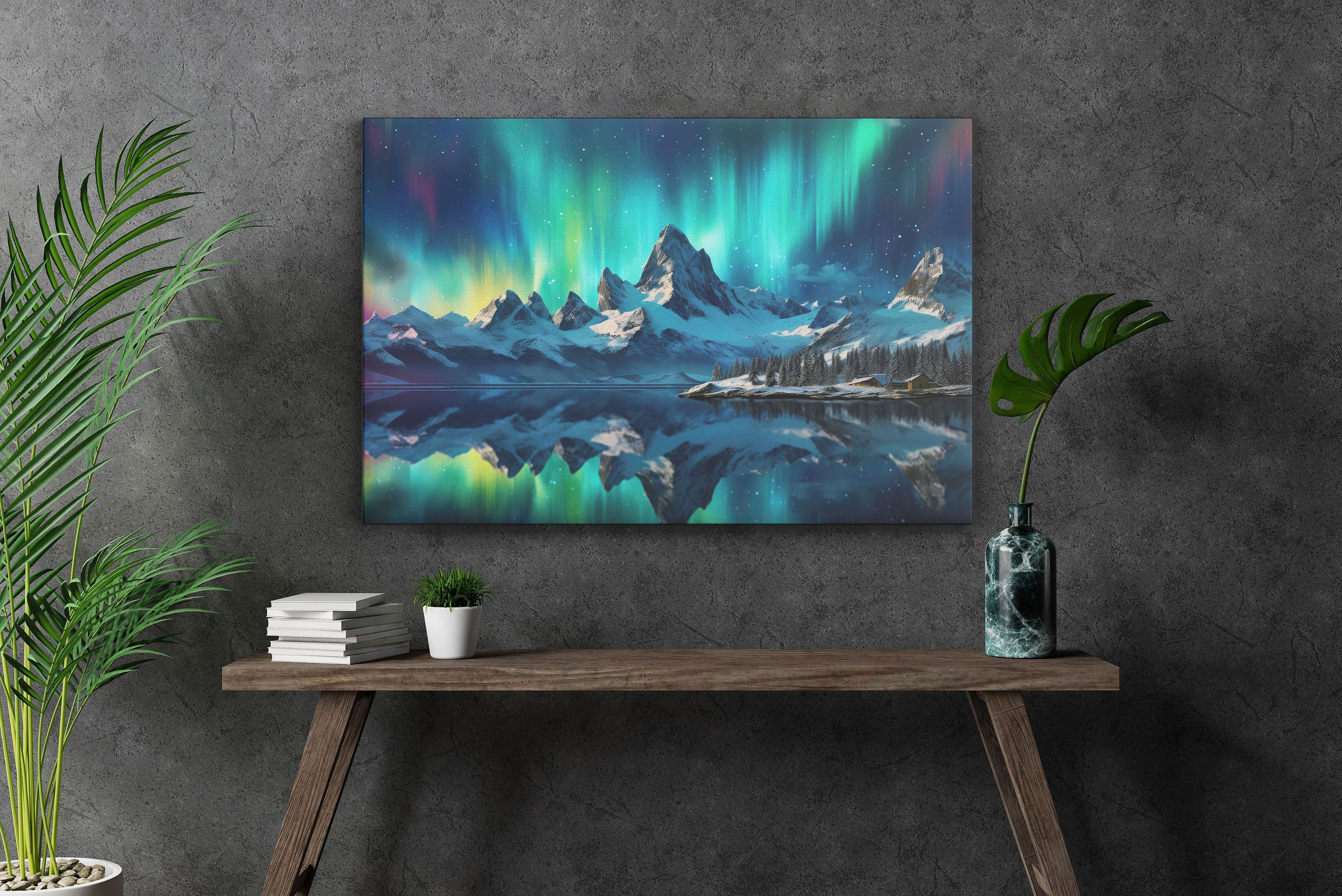 Aurora Borealis Northern Lights Over Mountains Canvas Northern Lights ...