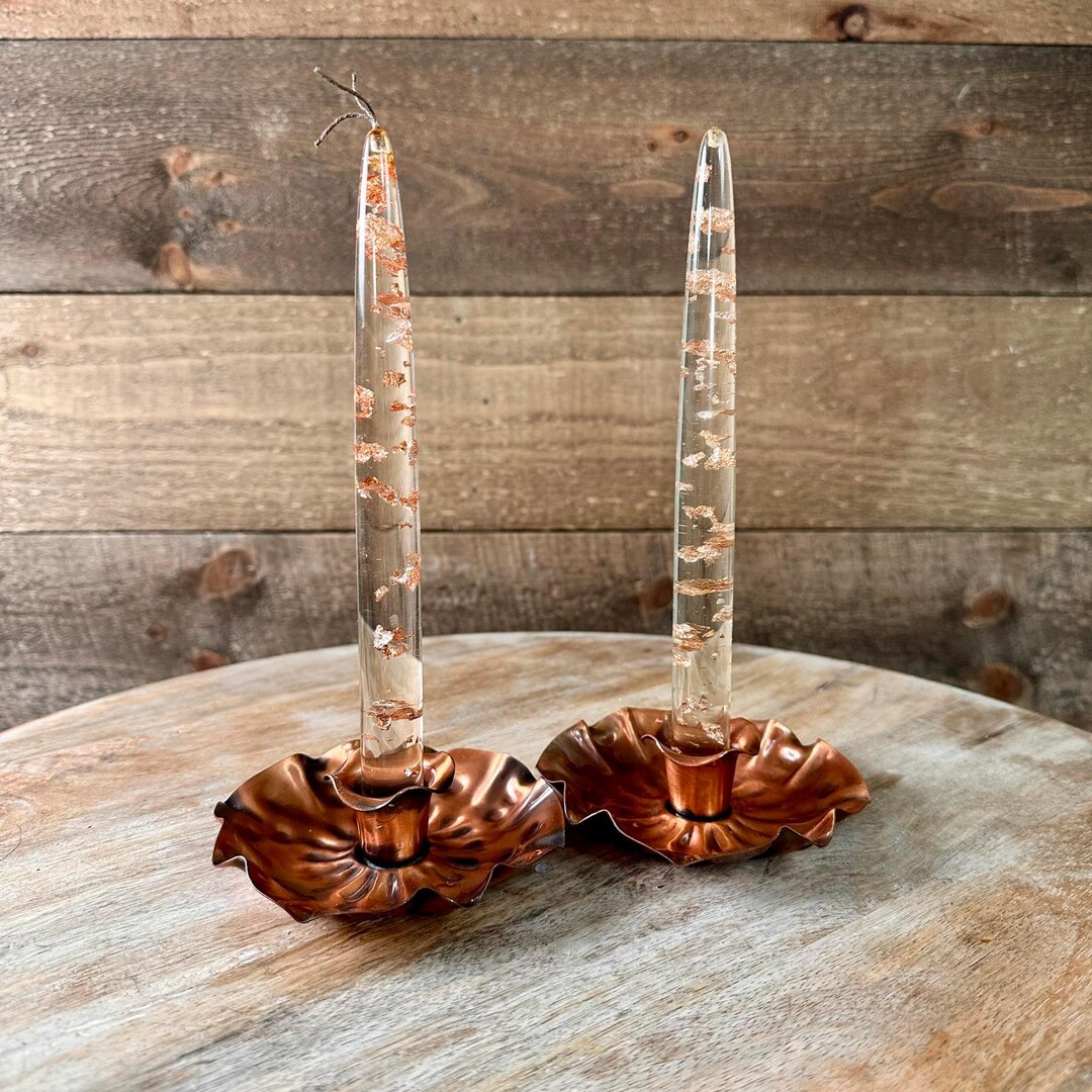 Vintage HTF Pair of Gold Fleck Lucite Candles With Copper Gregorian ...
