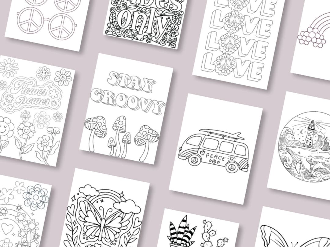 Hippie Groovy Printable Coloring Pages, Boho Activity Pages, Adult ...