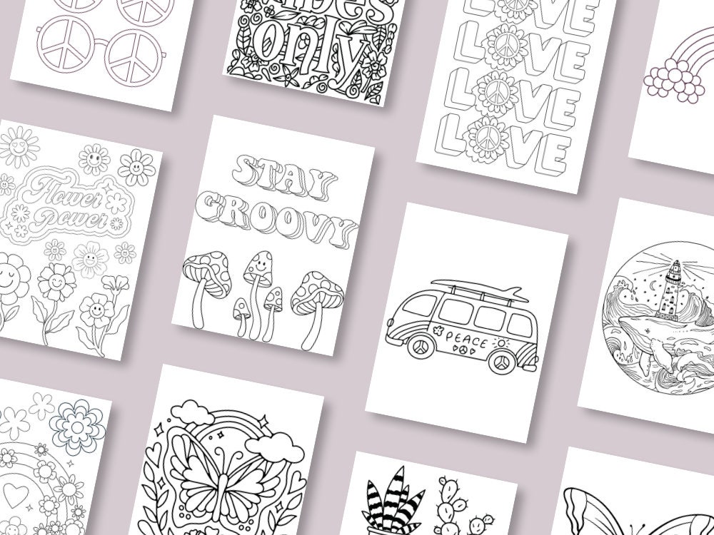 Hippie Groovy Printable Coloring Pages, Boho Activity Pages, Adult ...