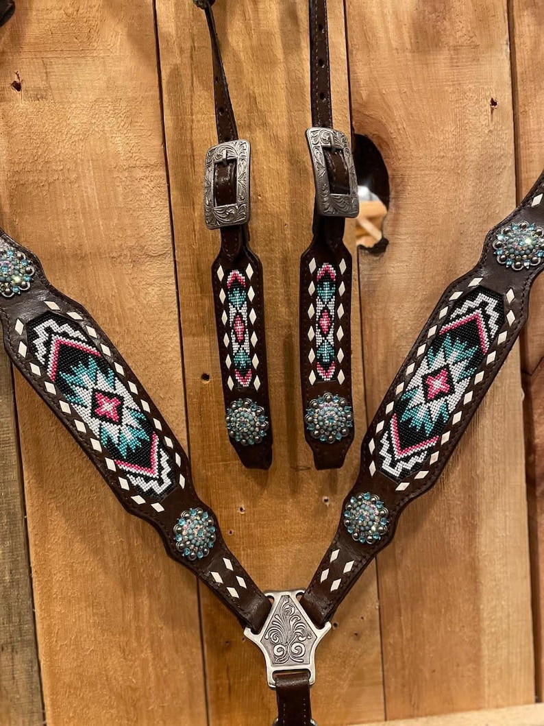 Handcrafted Leather Horse Tack Set: Beaded Aztec Headstall & Breast ...