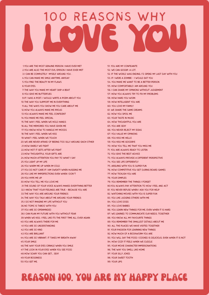 100 Reasons Why I Love You, Cute Valentines Poster, Retro Wall Decor ...