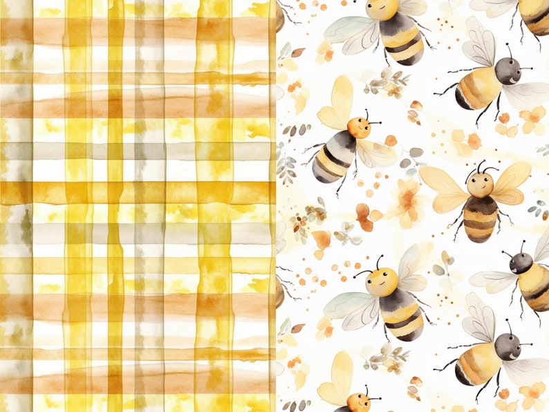 Cute Bees Pattern Watercolor Honeycomb Seamless Patterns Bundle Digital ...