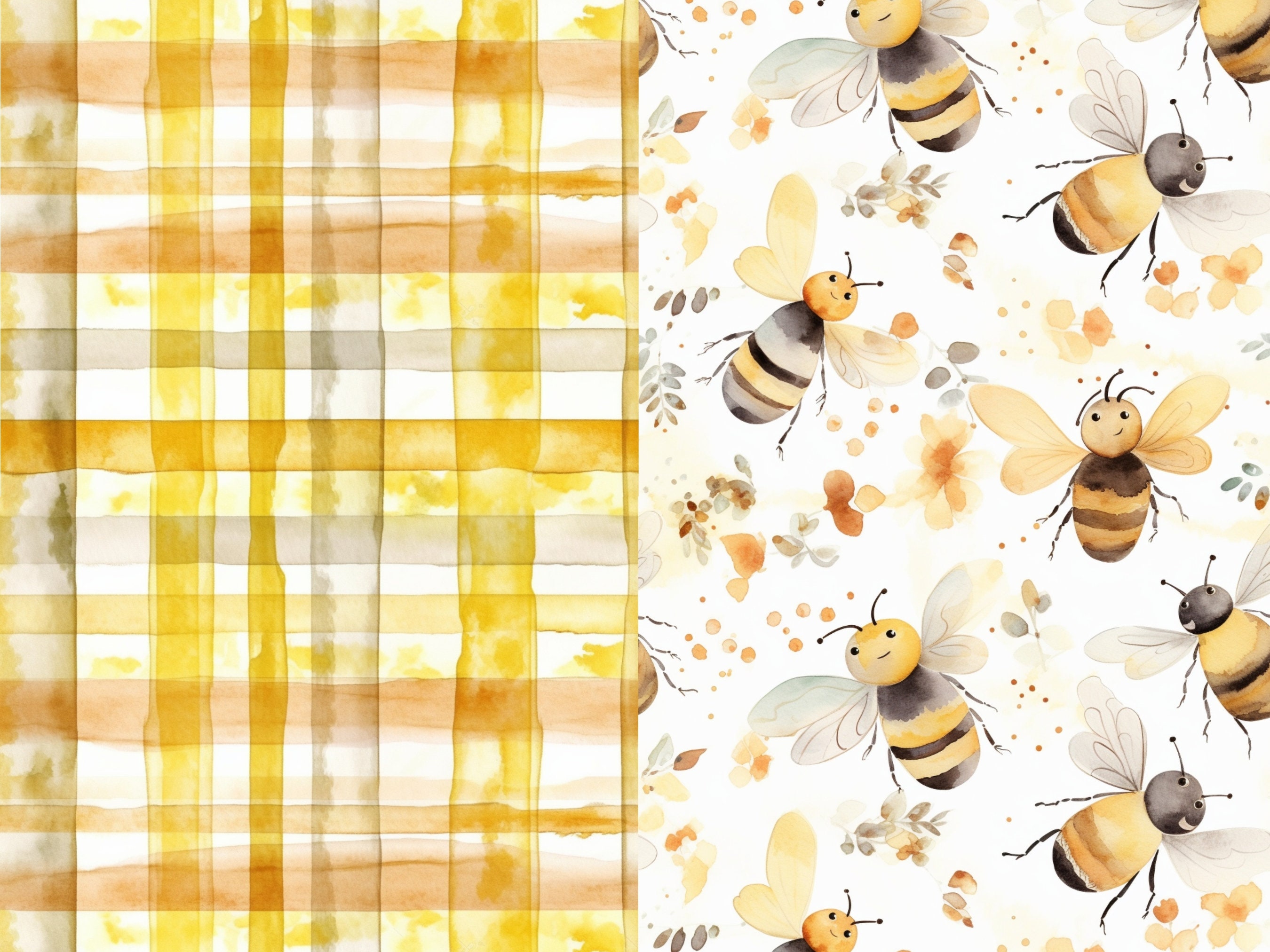 Cute Bees Pattern Watercolor Honeycomb Seamless Patterns Bundle Digital ...