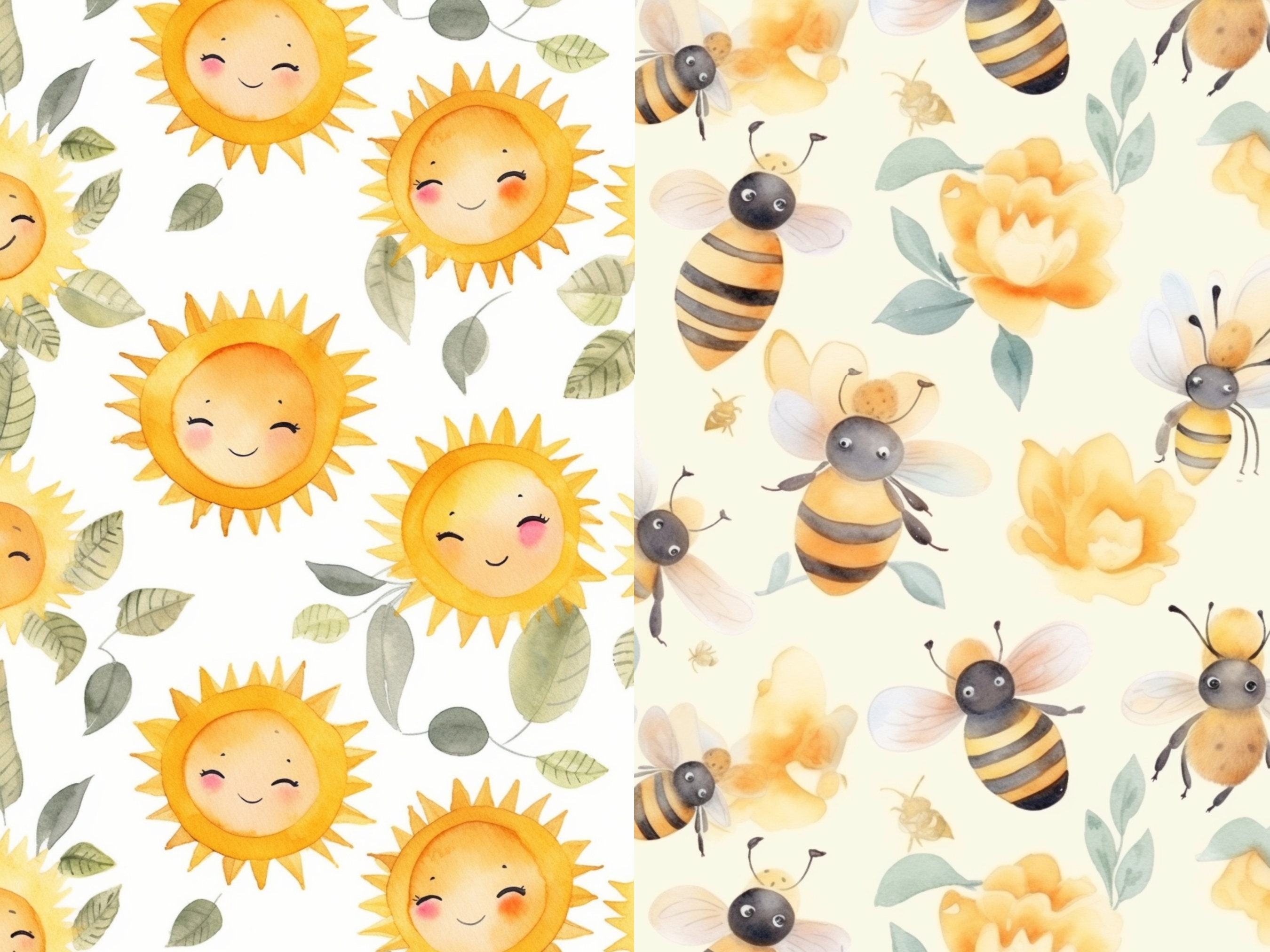 Cute Bees Pattern Watercolor Honeycomb Seamless Patterns Bundle Digital ...