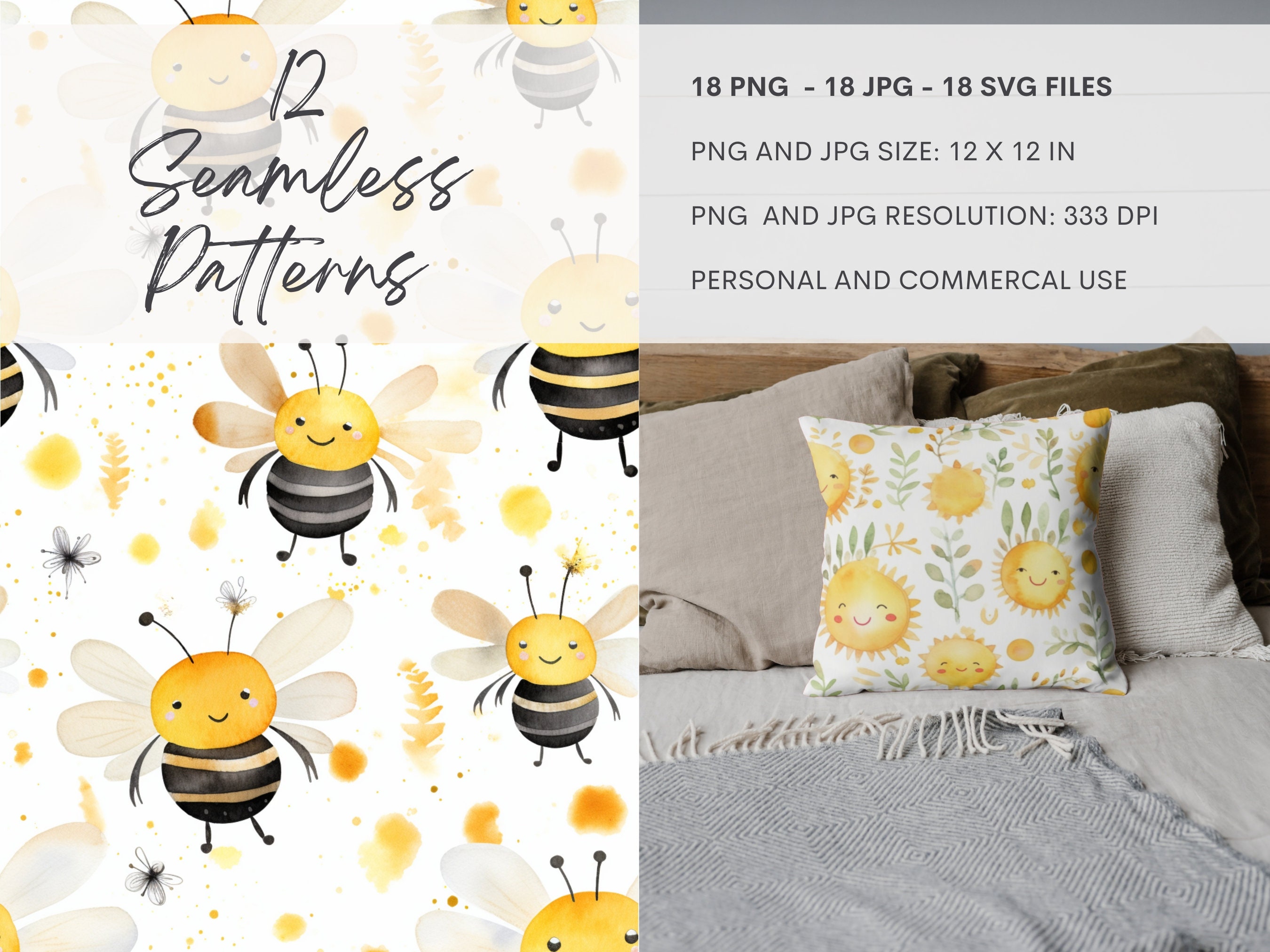 Cute Bees Pattern Watercolor Honeycomb Seamless Patterns Bundle Digital ...