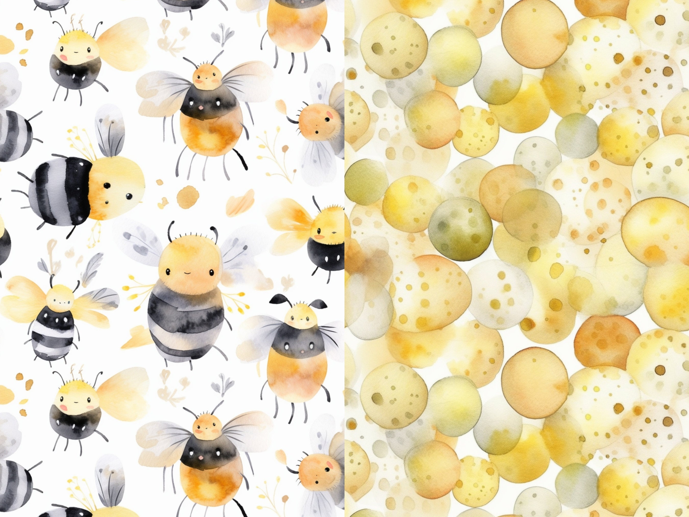 Cute Bees Pattern Watercolor Honeycomb Seamless Patterns Bundle Digital ...