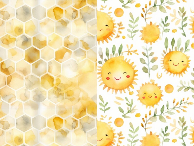 Cute Bees Pattern Watercolor Honeycomb Seamless Patterns Bundle Digital ...