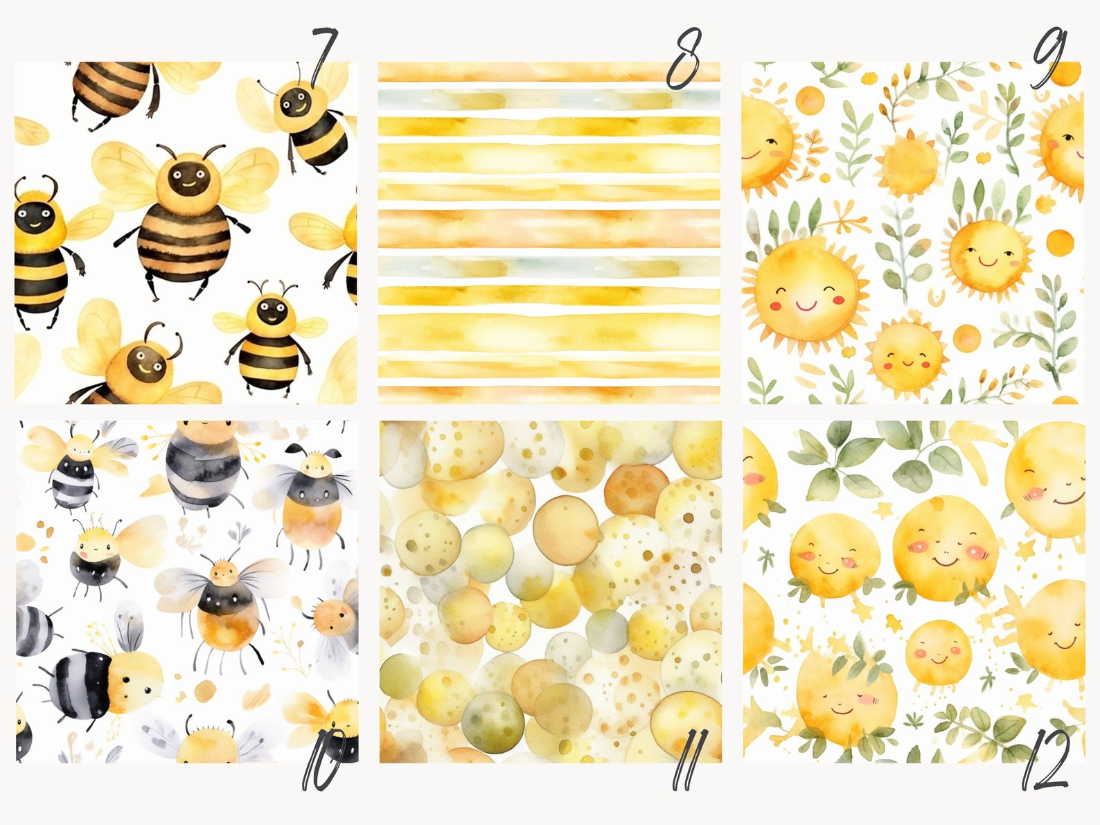 Cute Bees Pattern Watercolor Honeycomb Seamless Patterns Bundle Digital ...