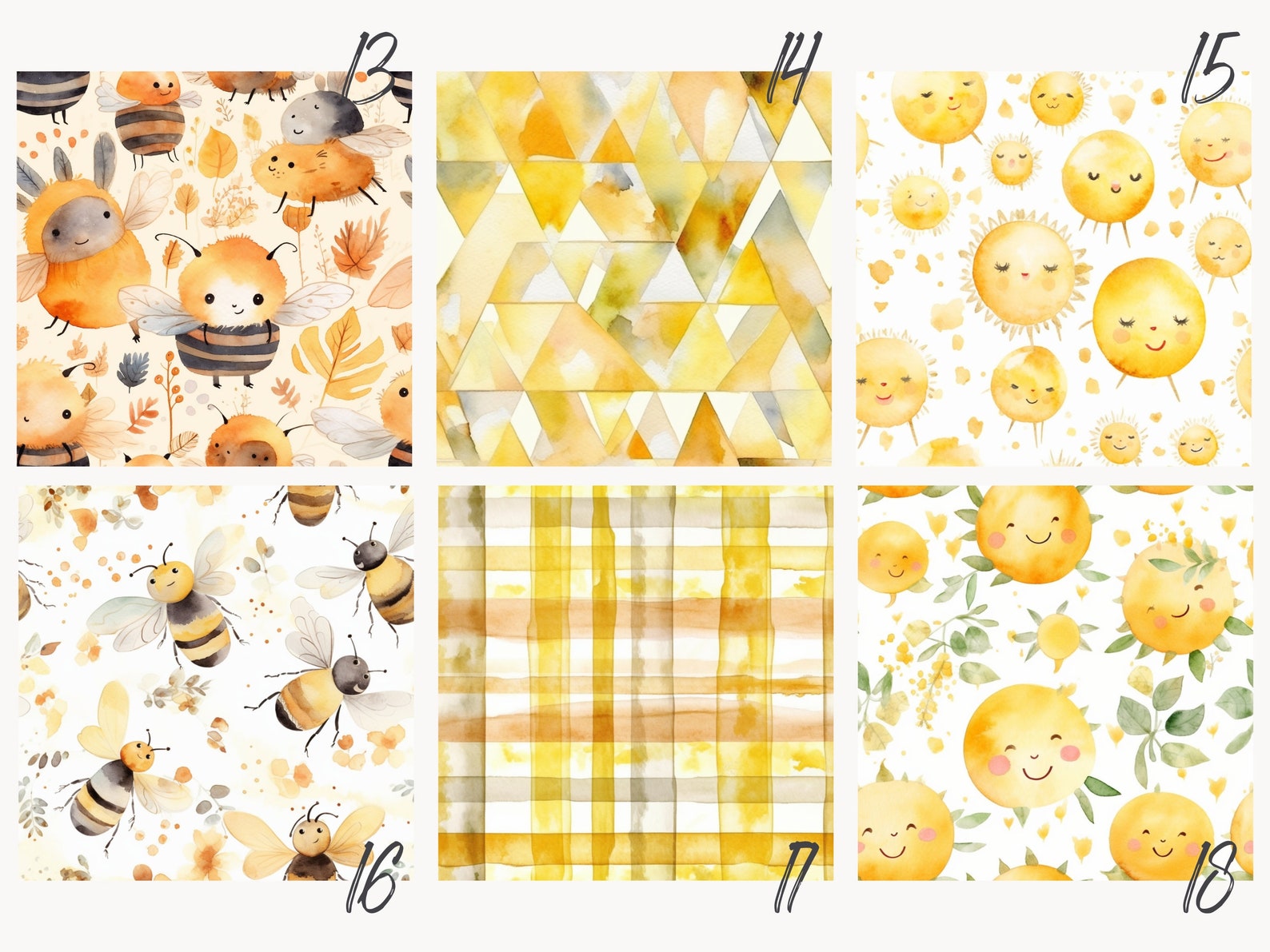 Cute Bees Pattern Watercolor Honeycomb Seamless Patterns Bundle Digital ...