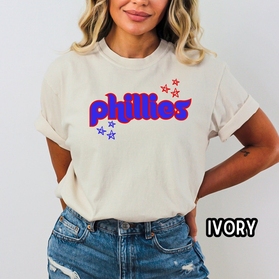 Philadelphia Phillies Red and Blue Font With Stars Comfort Colors Tee ...