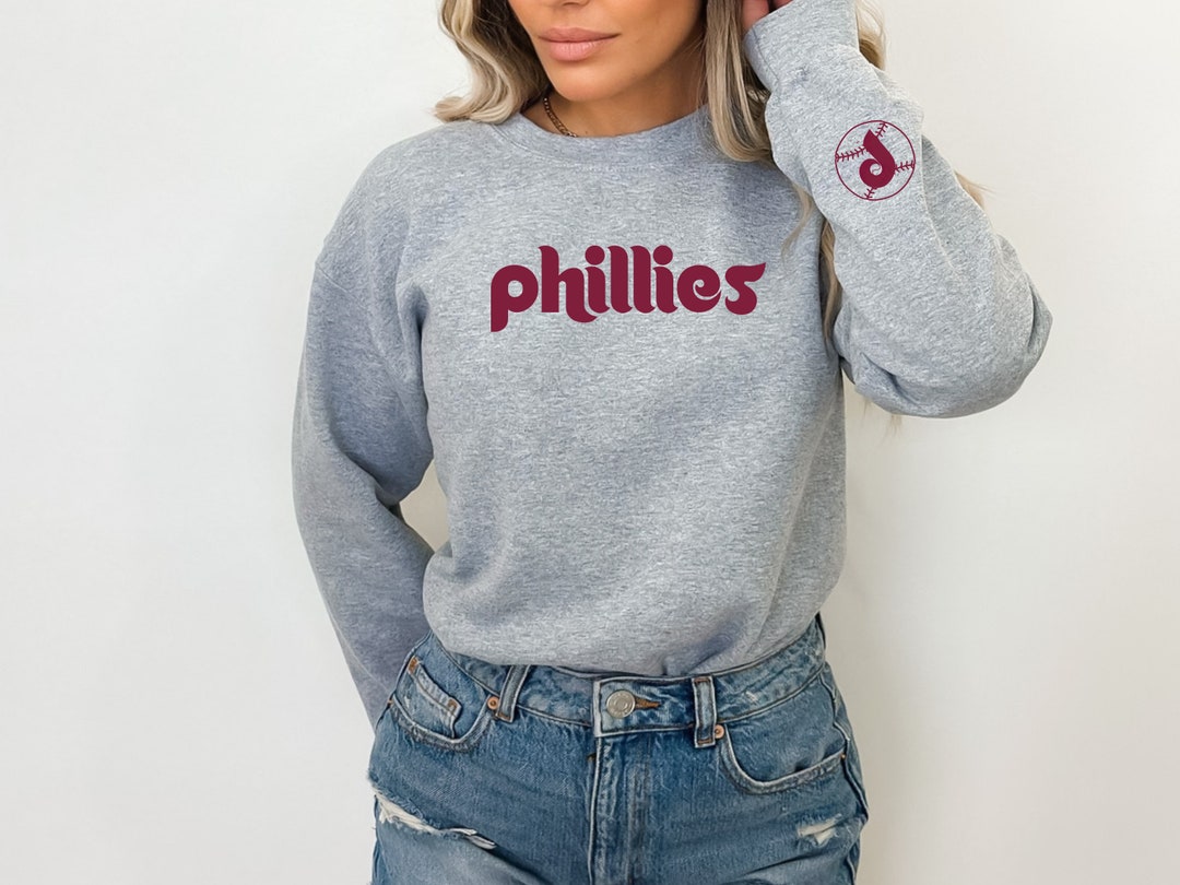 Phillies Simple Vintage Letters Maroon Logo Front and Sleeve Crewneck ...