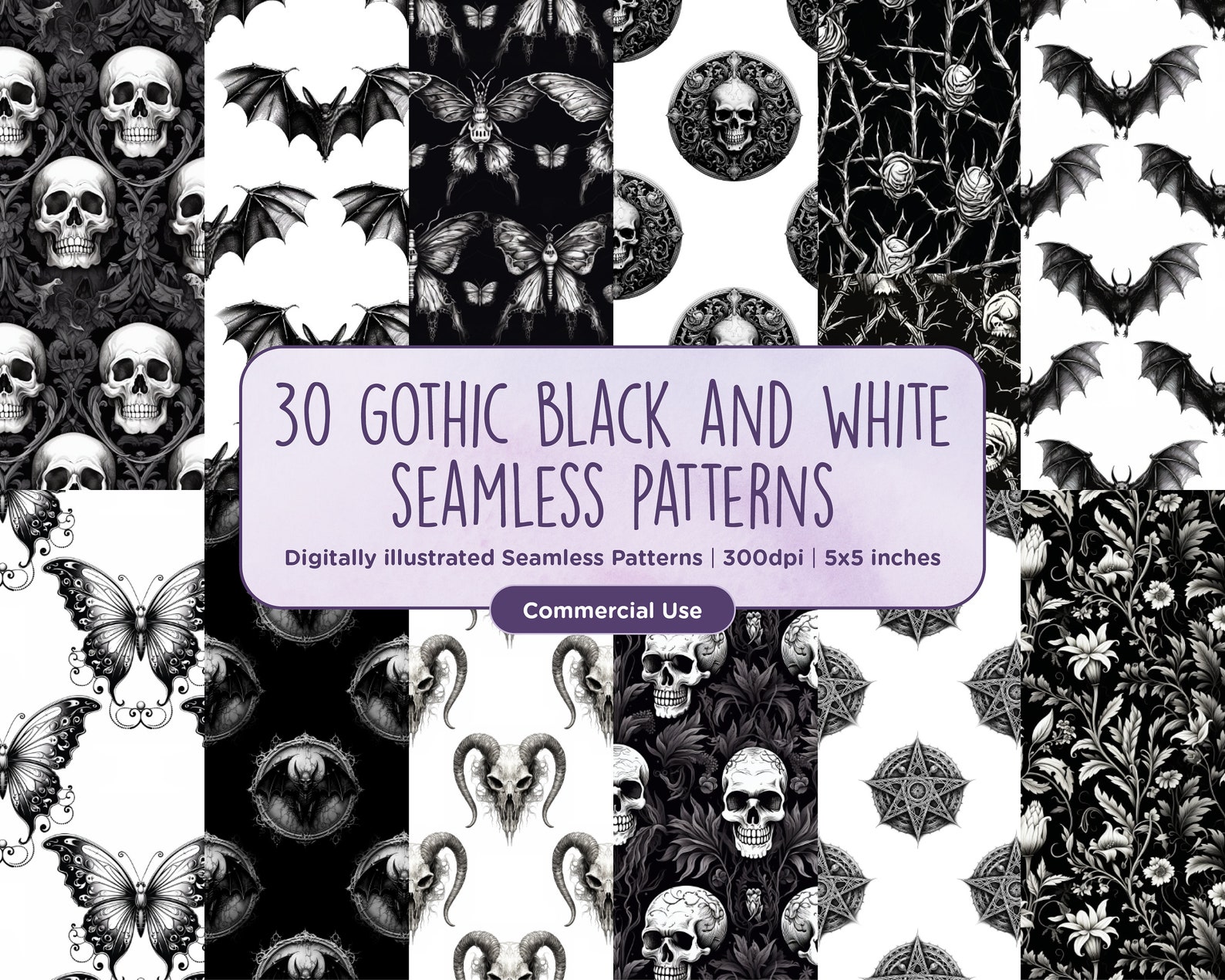 30 Black and White Gothic Seamless Patterns - Goth, Skeletons ...