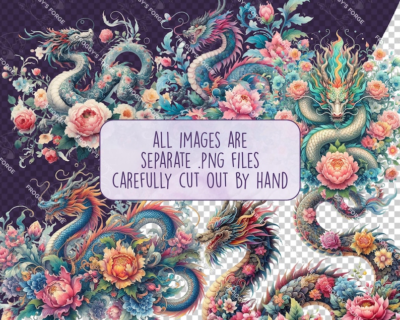 15 Watercolor Floral Japanese Dragons Clipart - Eastern, Art Nouveau ...