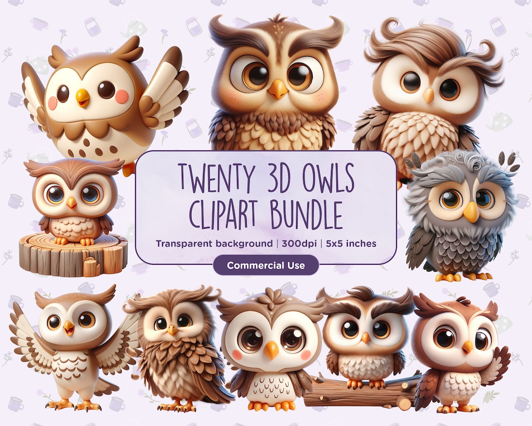 20 3D Owls Clipart - Cute, Cartoon Characters, Woodland Owls, Tawny Owl ...