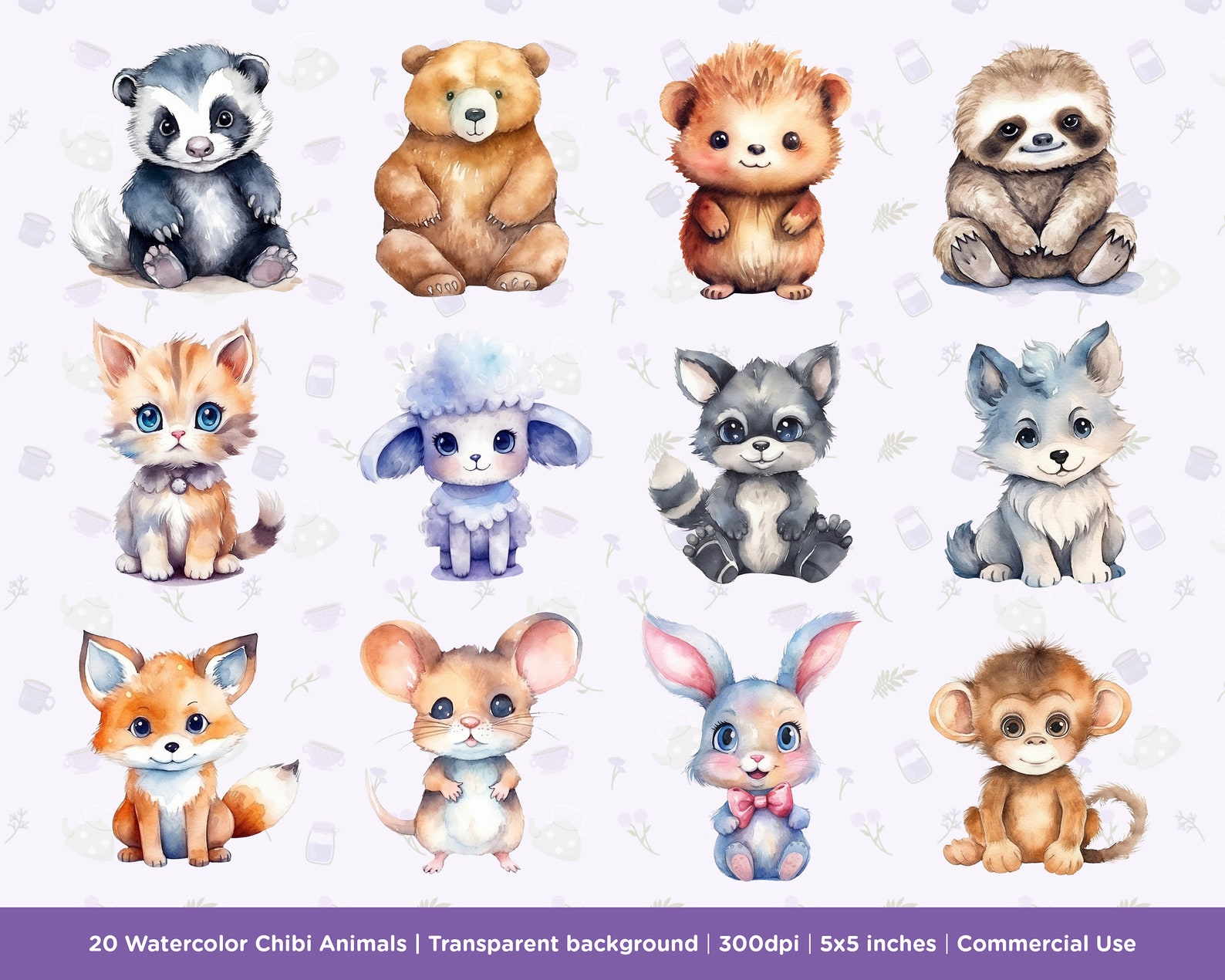 20 Watercolor Chibi Animals Clipart - Cute, Chibi, Childrens Book ...