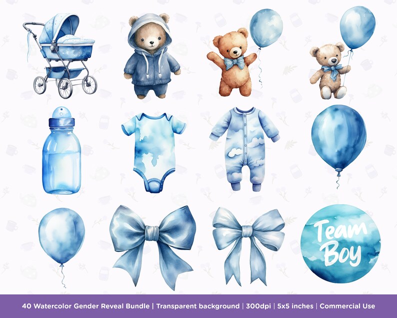 40 Watercolor Gender Reveal Bundle Clipart, Baby Nursery Decor, Baby ...