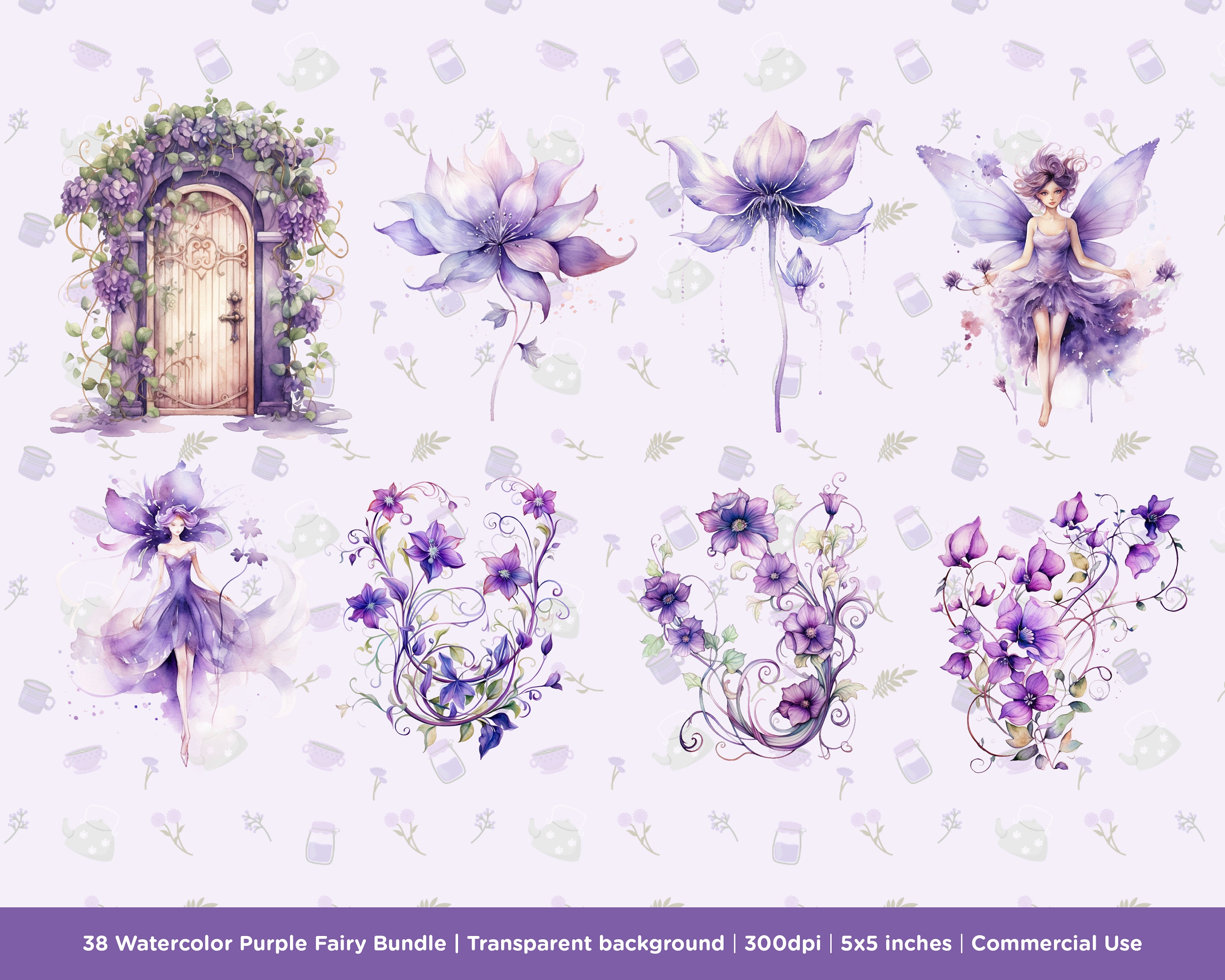 32 Watercolor Purple Fairy Clipart - Magical Fairies, Pixies, Magic ...