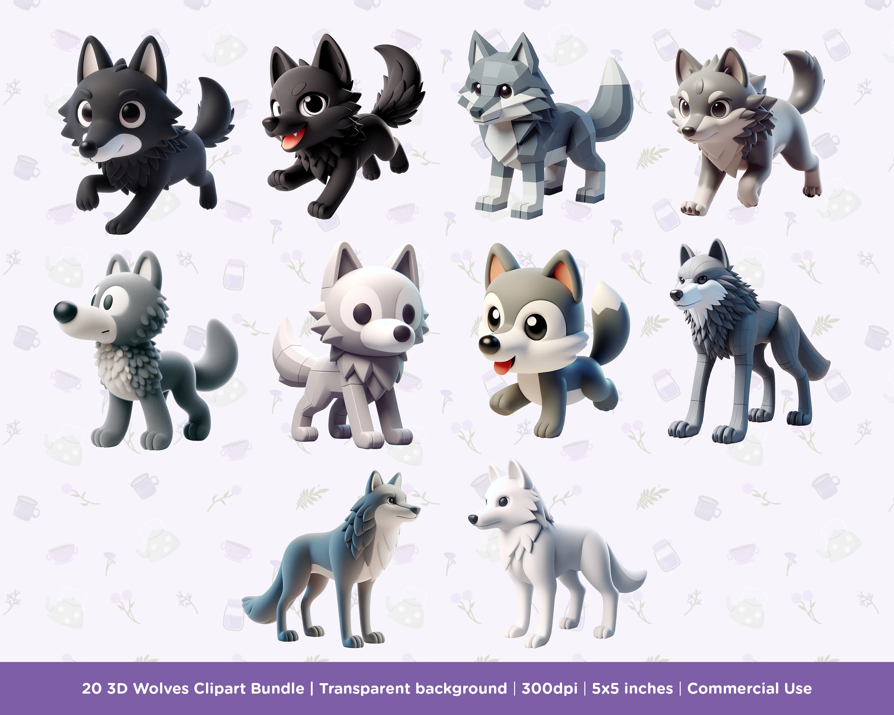 20 3D Wolves Animals Clipart - Wolf, Wolf Pack, Woodland Animals, Baby ...