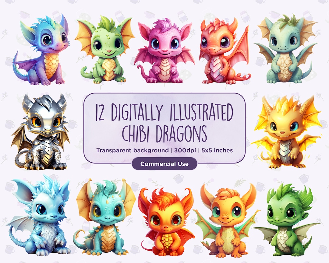 12 Digitally Illustrated Chibi Dragons Clipart - Cute, Chibi, Childrens ...