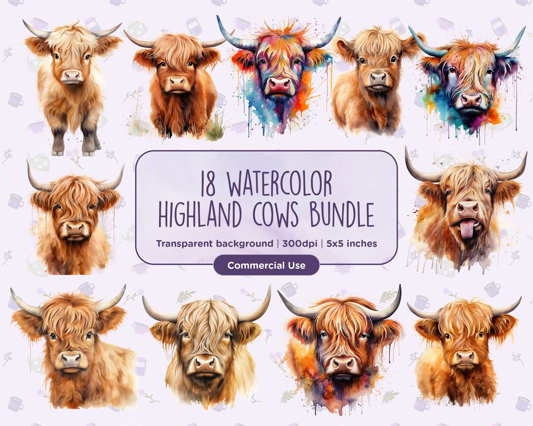18 Watercolor Highland Cows Clipart - High Quality Cute Illustrations ...